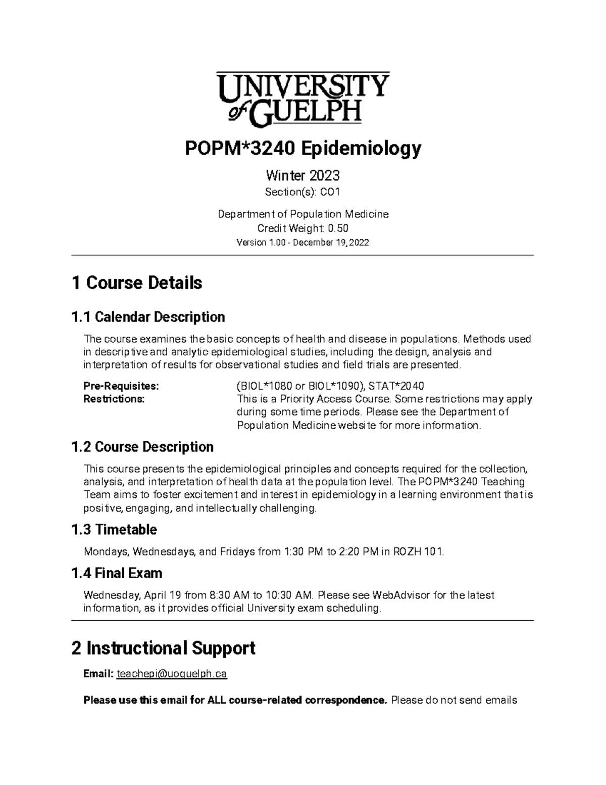 POPM 3240 Epidemiology Outline - POPM*3240 Epidemiology Winter 2023 ...