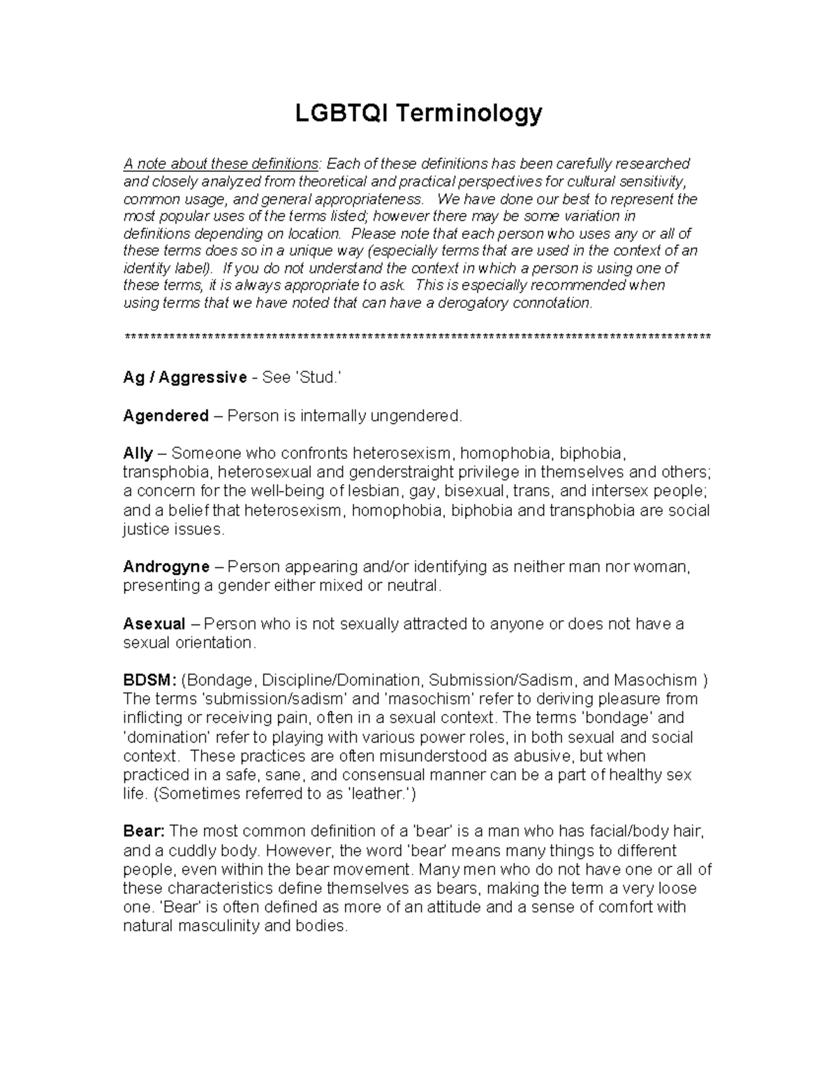 Lgbt terminology - LGBTQI Terminology A note about these definitions ...