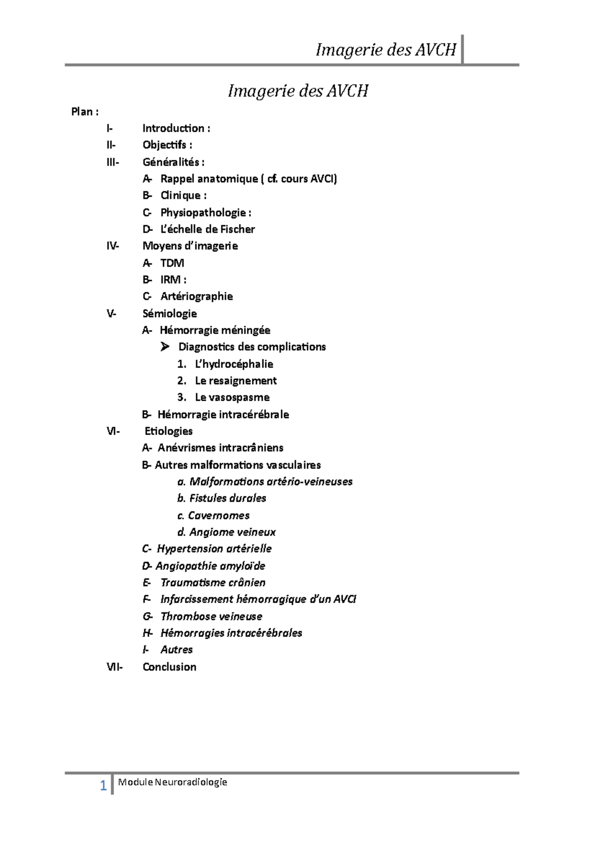 Avch - COURS RESUME POUR LA CAT DEVANT UN AVCH - Imagerie des AVCH Plan ...