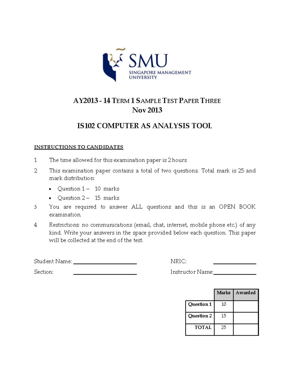 Sample Exam Paper B Solutions - AY2013 - 14 TERM 1 SAMPLE TEST PAPER ...