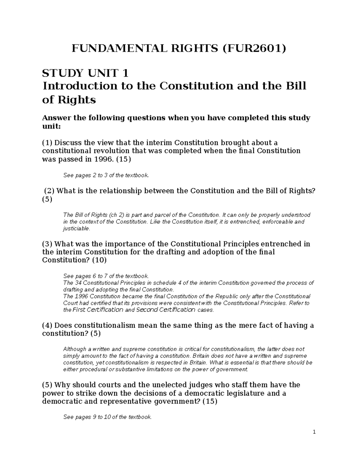 FUR2601 Notes 1 1 - FUNDAMENTAL RIGHTS (FUR2601) STUDY UNIT 1 1 ...