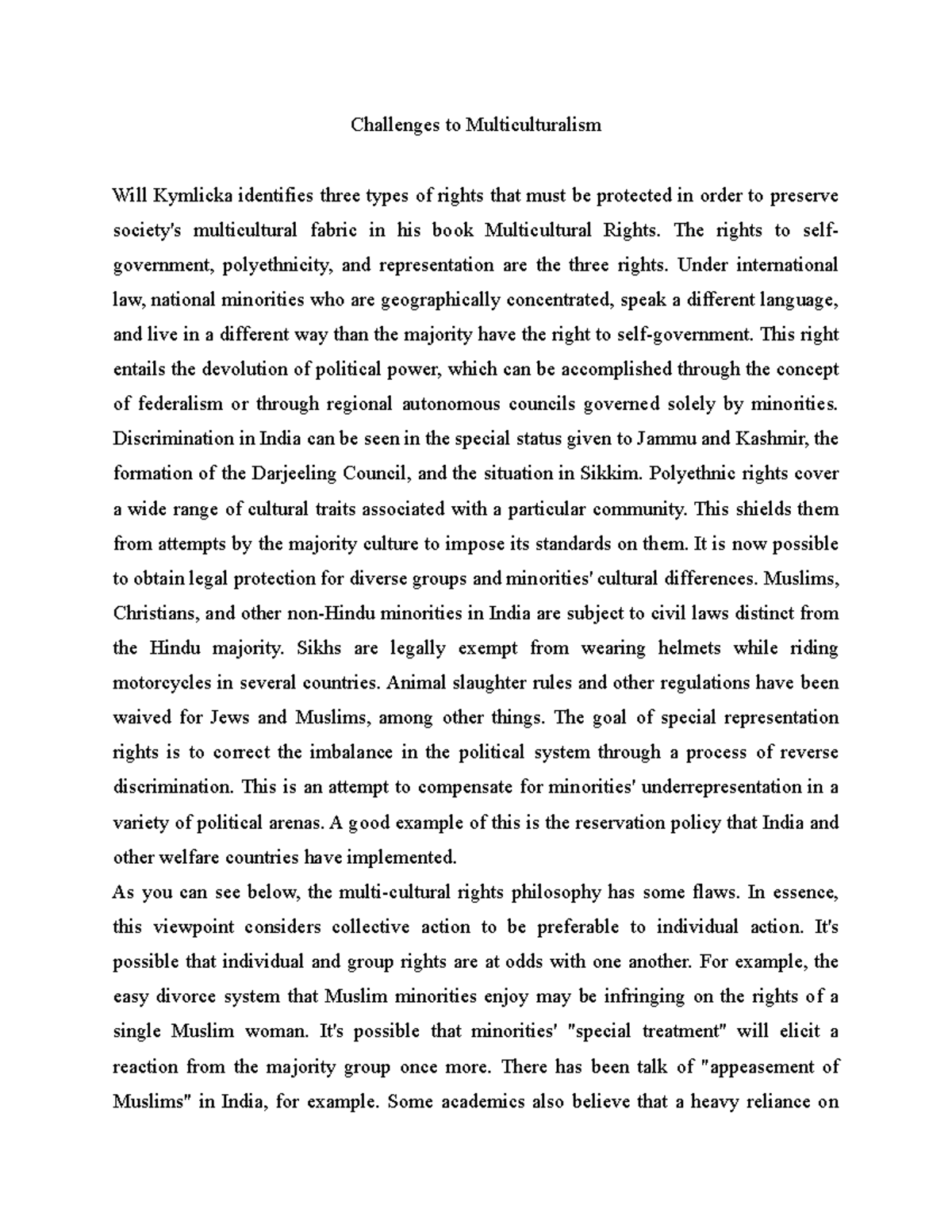 Challenges to Multiculturalism - The rights to self- government ...