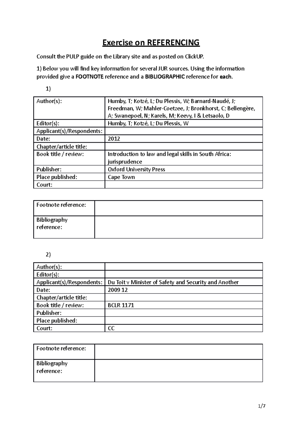 Worksheet on Referencing - Exercise on REFERENCING Consult the PULP ...