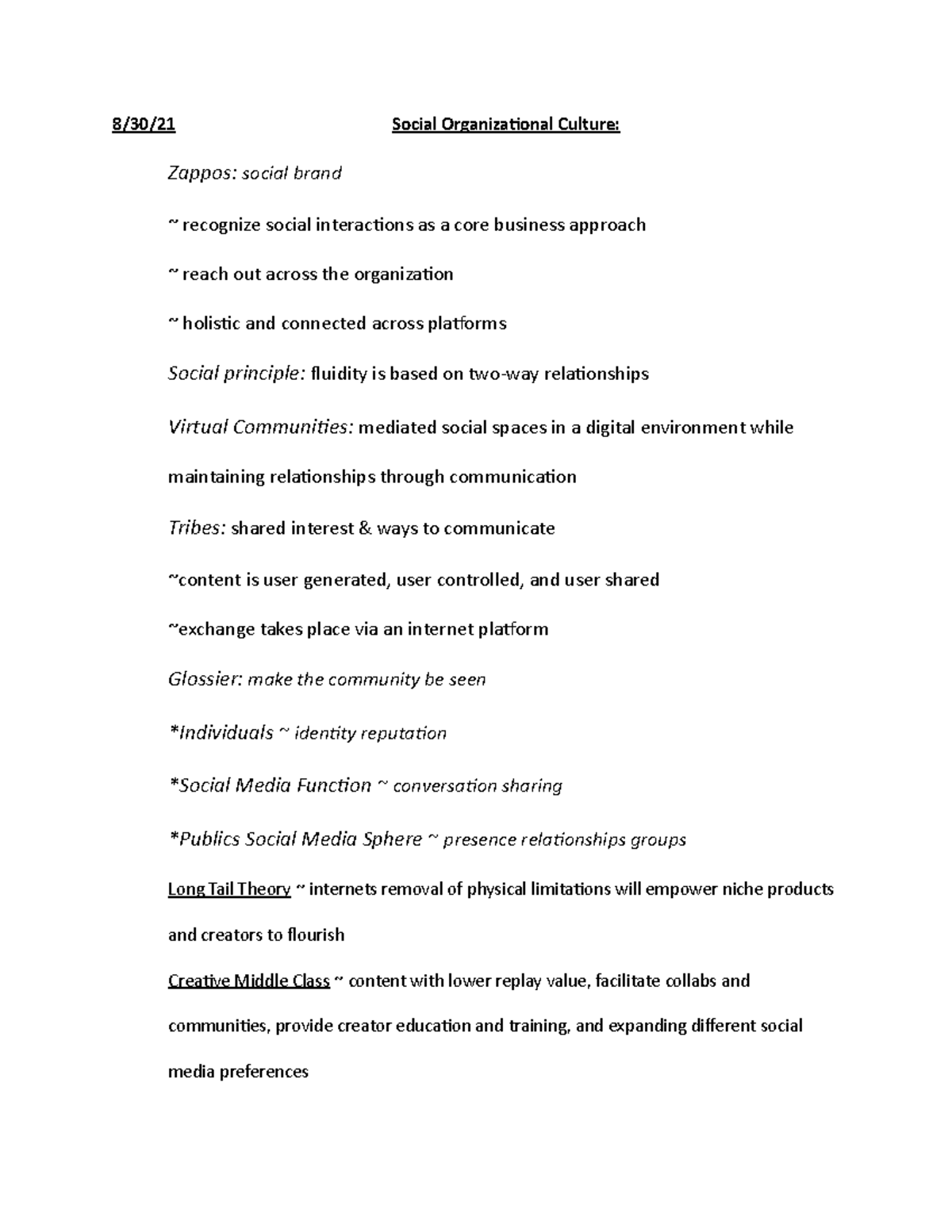 Adv influencer notes - 8/30/21 Social Organizational Culture: Zappos ...