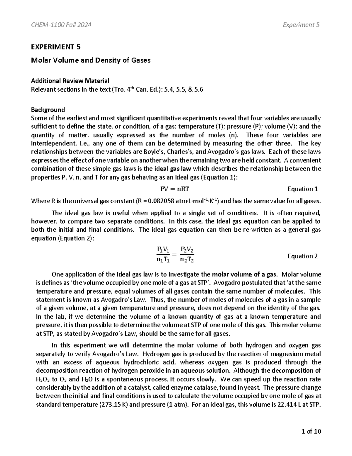 Exp.5 Molar Volume & Density of Gases - EXPERIMENT 5 Molar Volume and ...