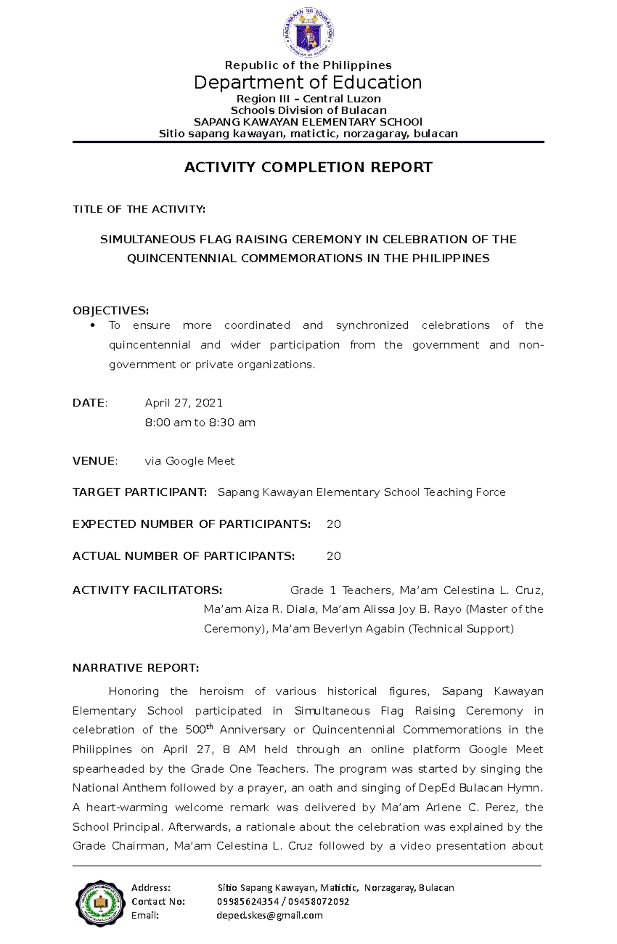 activity report - Republic of the Philippines Department of Education ...