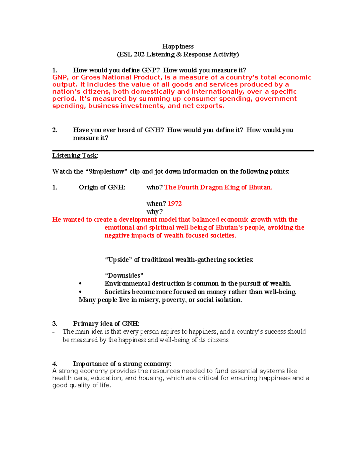 GNH Note-taking Sheet - note - Happiness (ESL 202 Listening & Response ...