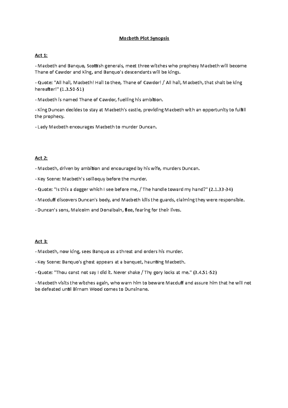 Plot and Context Notes - Macbeth Plot Synopsis Act 1: Macbeth and ...