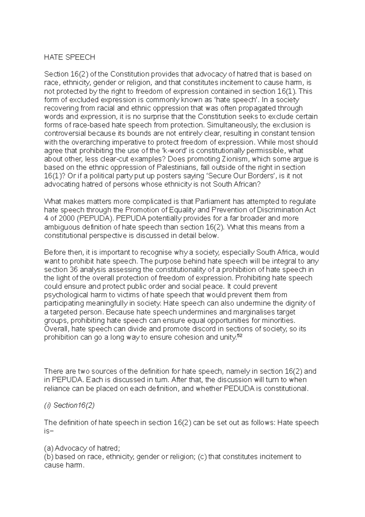 HATE Speech notes for course - Law 171 - UCT - Studocu