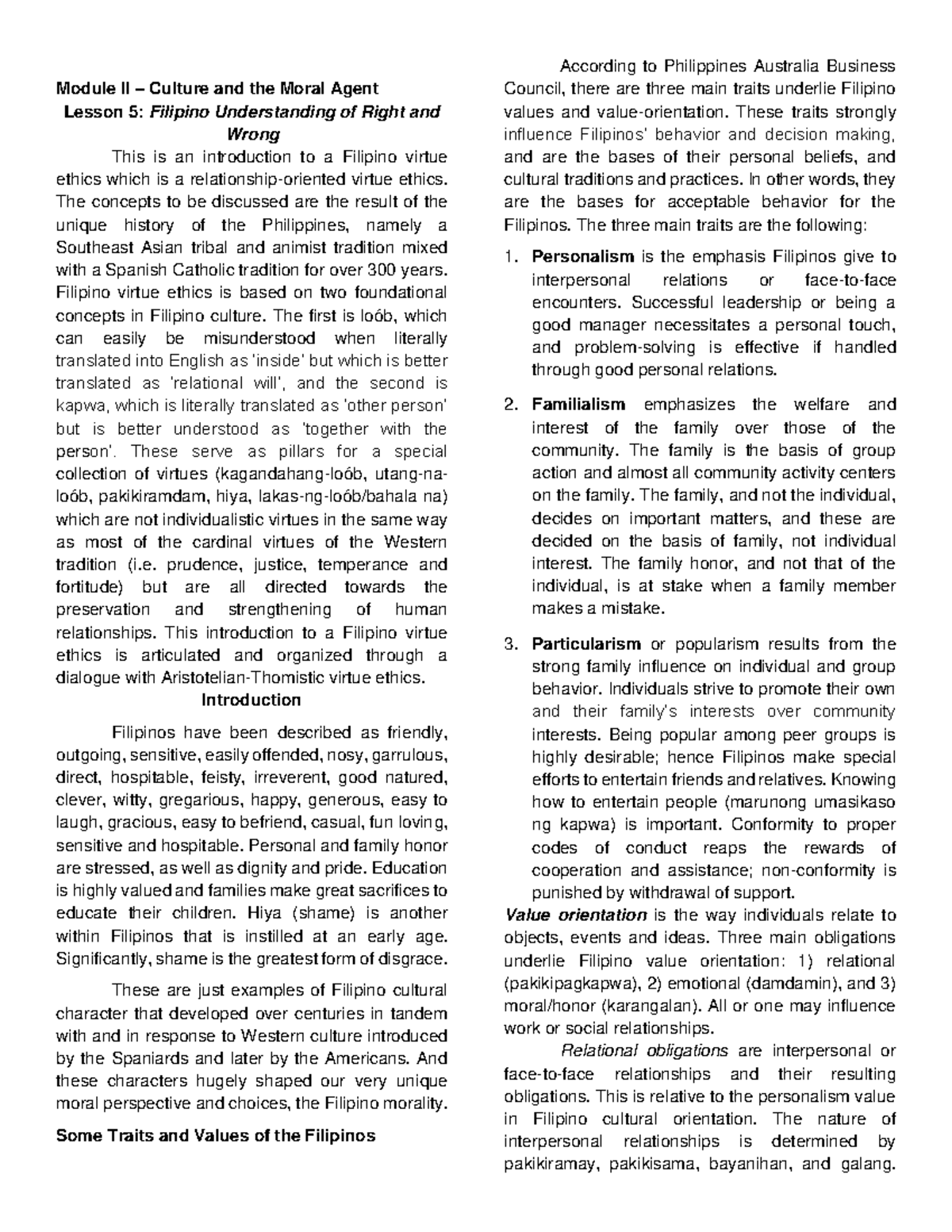 Ethics-Module Lesson 5 - Module II – Culture and the Moral Agent Lesson 5: Filipino ...