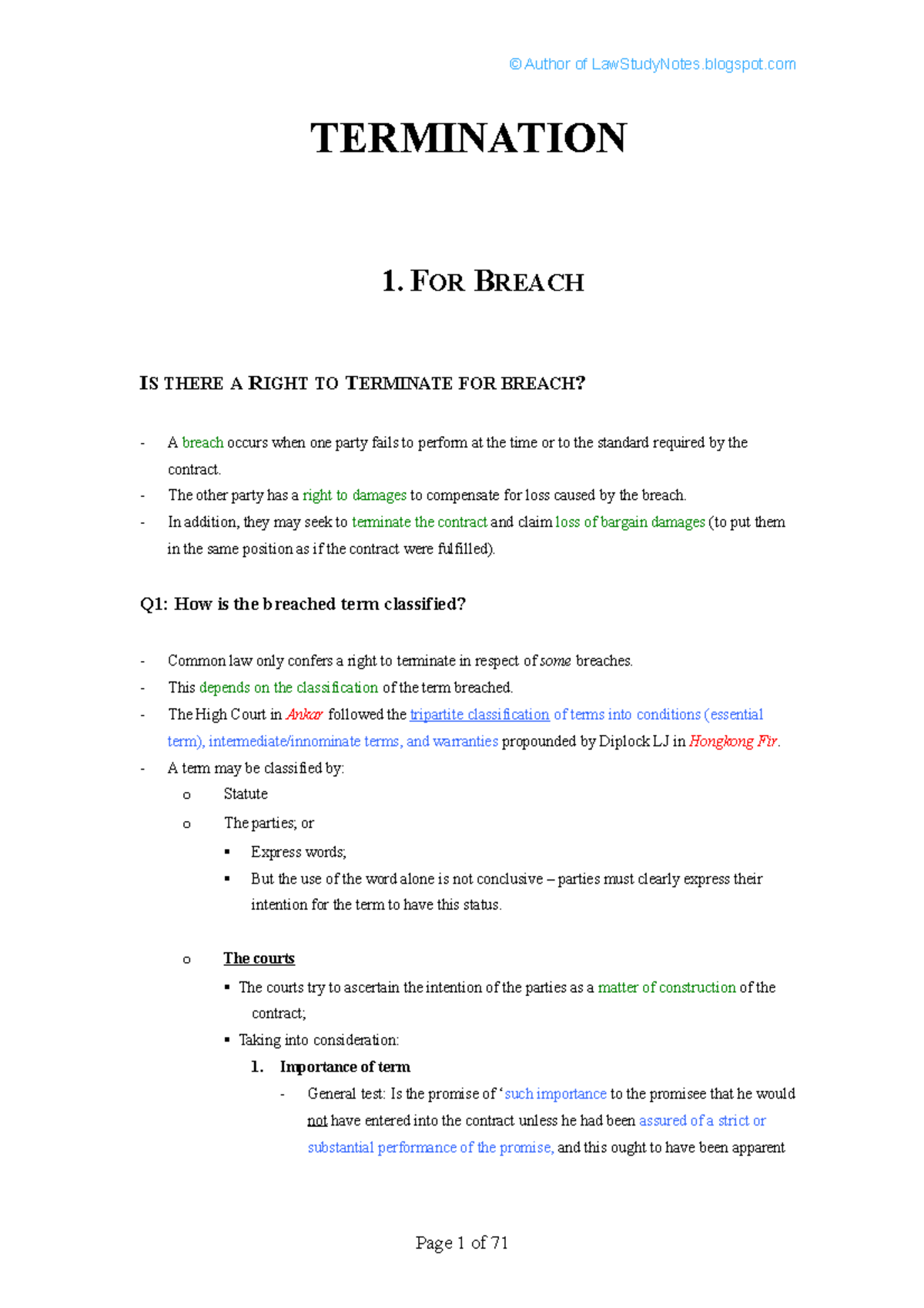 LAW2102 Contract B - all the things you need at UON - TERMINATION 1 BREACH IS THERE A RIGHT TO ...