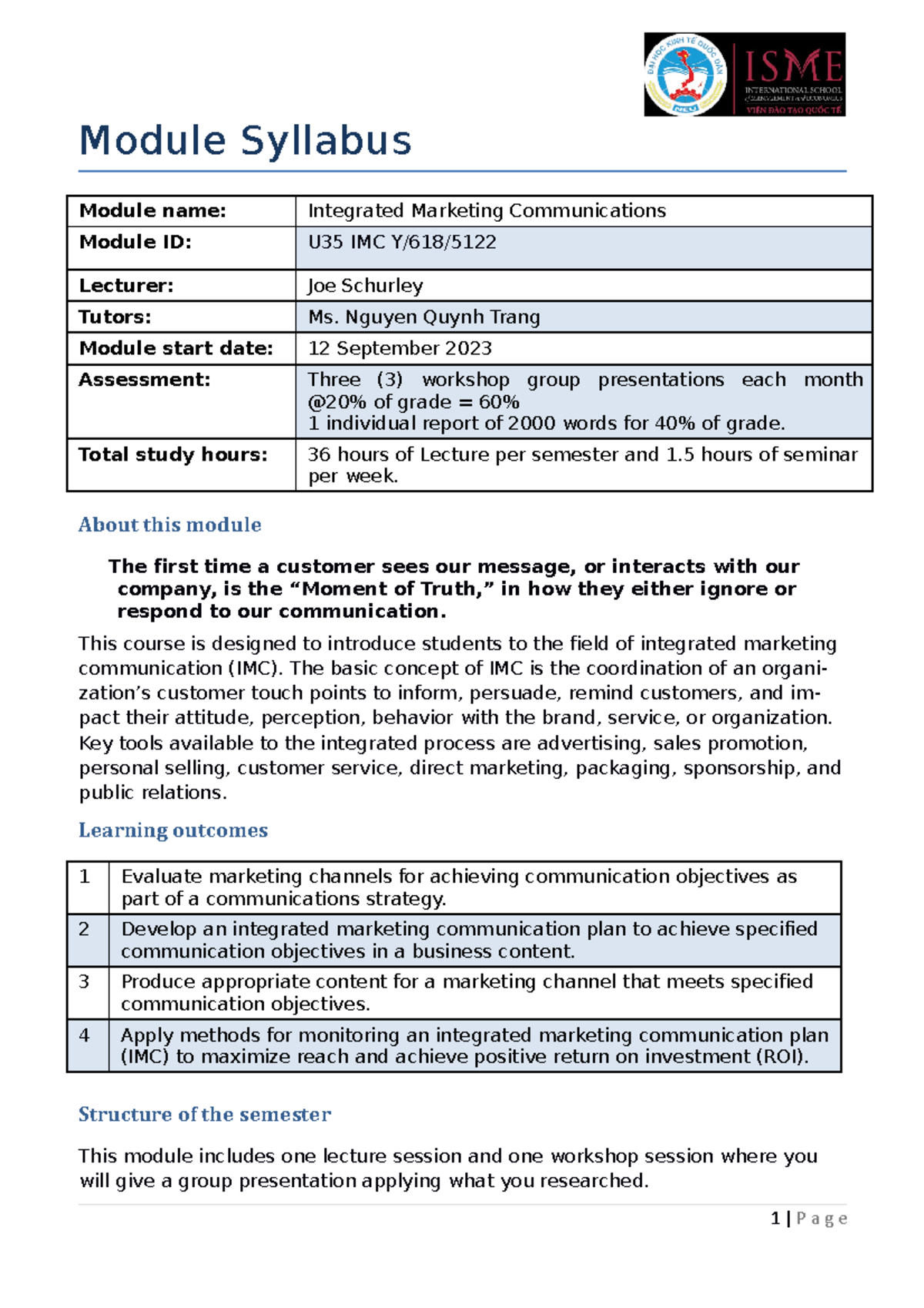 Syllabus IMC 2023 Joe - dmm - Module Syllabus Module name: Integrated ...