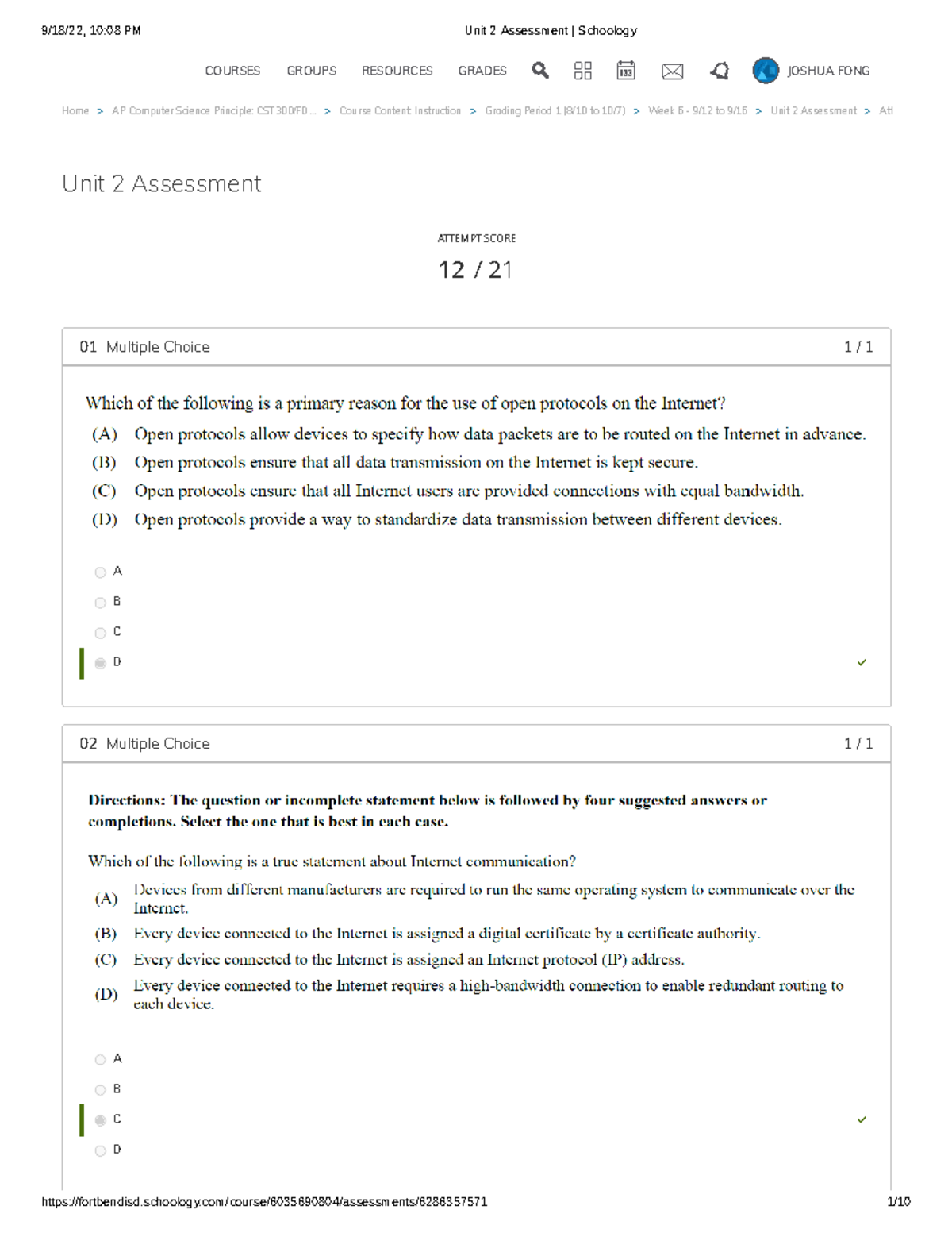 Unit 2 Assessment Schoology - Home>AP Computer Science Principle ...