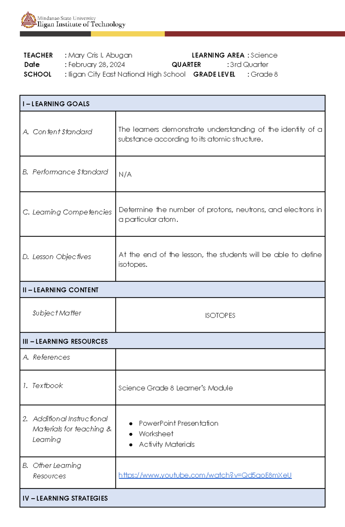 7. Isotopes- Abugan - TEACHER : Mary Cris I. Abugan LEARNING AREA ...