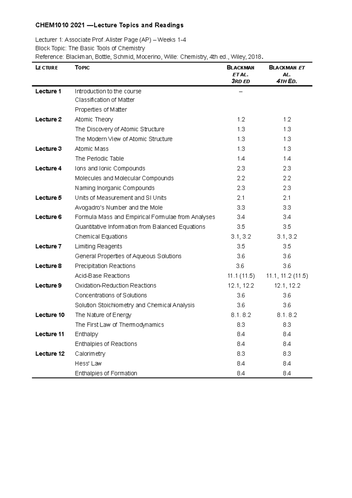 Lecture Guide - CHEM1010 2021 —Lecture Topics and Readings Lecturer 1 ...