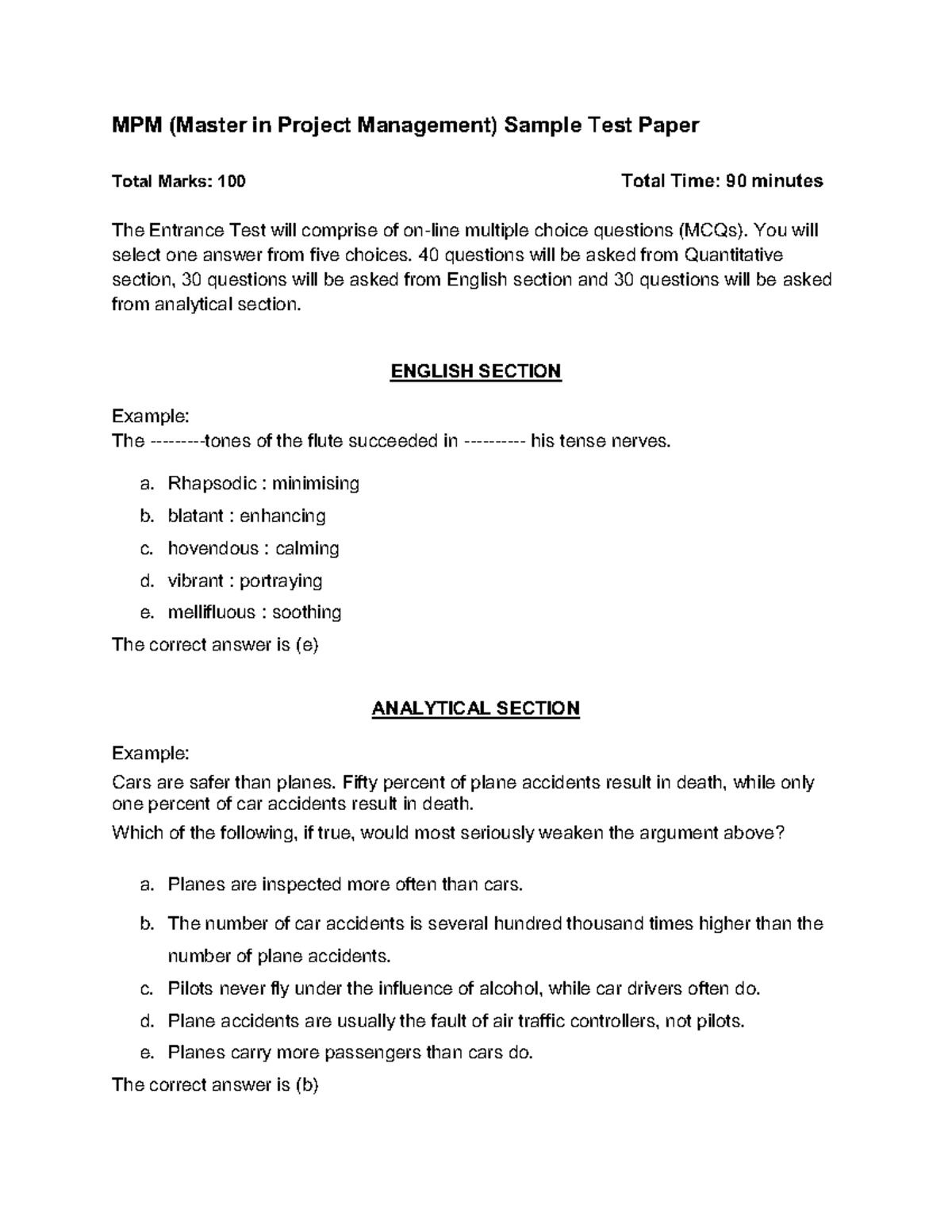 MPM (Master in Project Management) Sample Test Paper - You will select ...