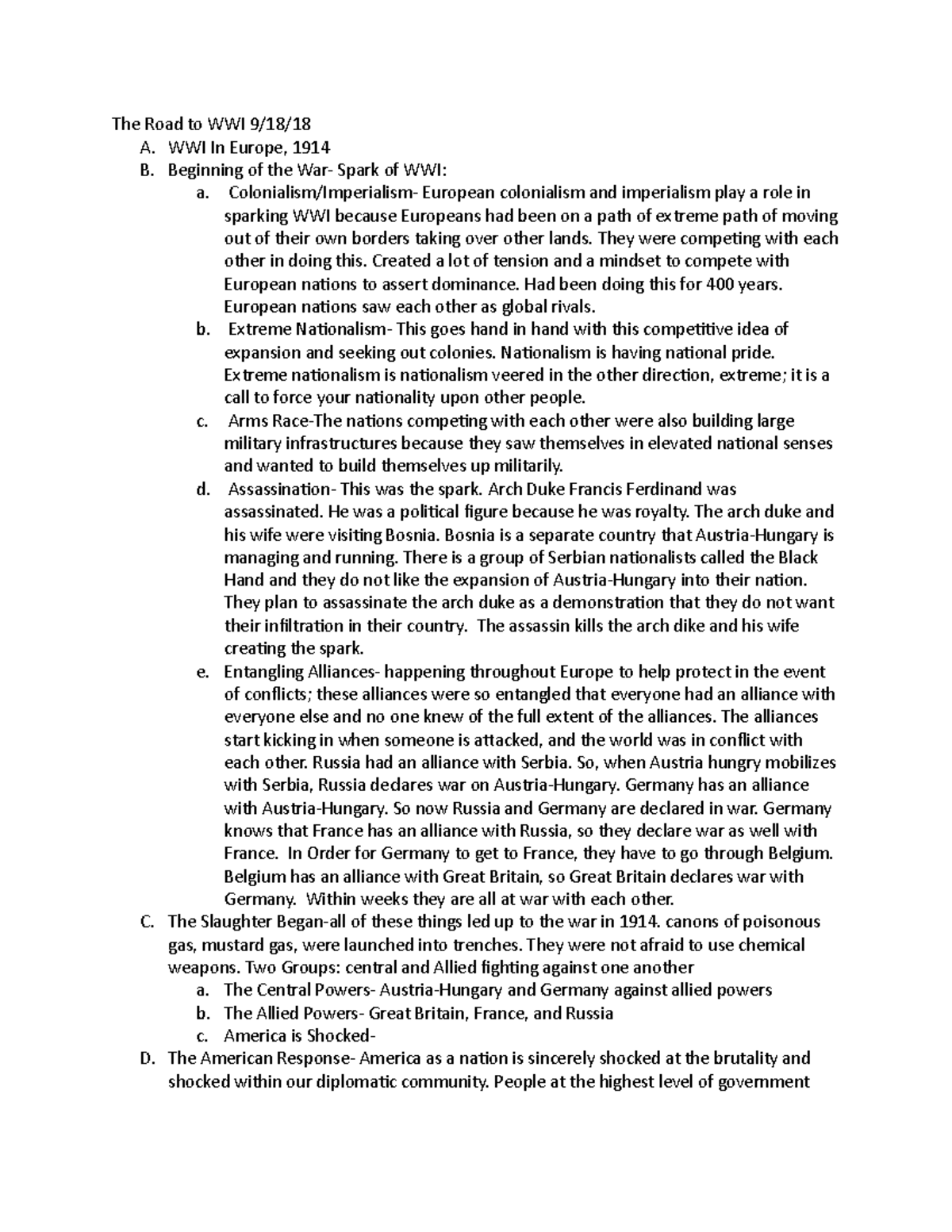 The Road to WWI - Lecture notes 1-2 - The Road to WWI A. WWI In Europe ...