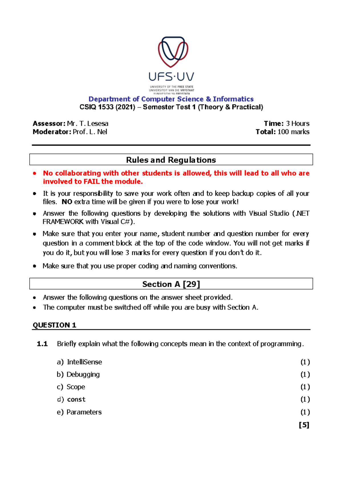 CSIQ1533 Semester Test 1 2021 final - Department of Computer Science ...