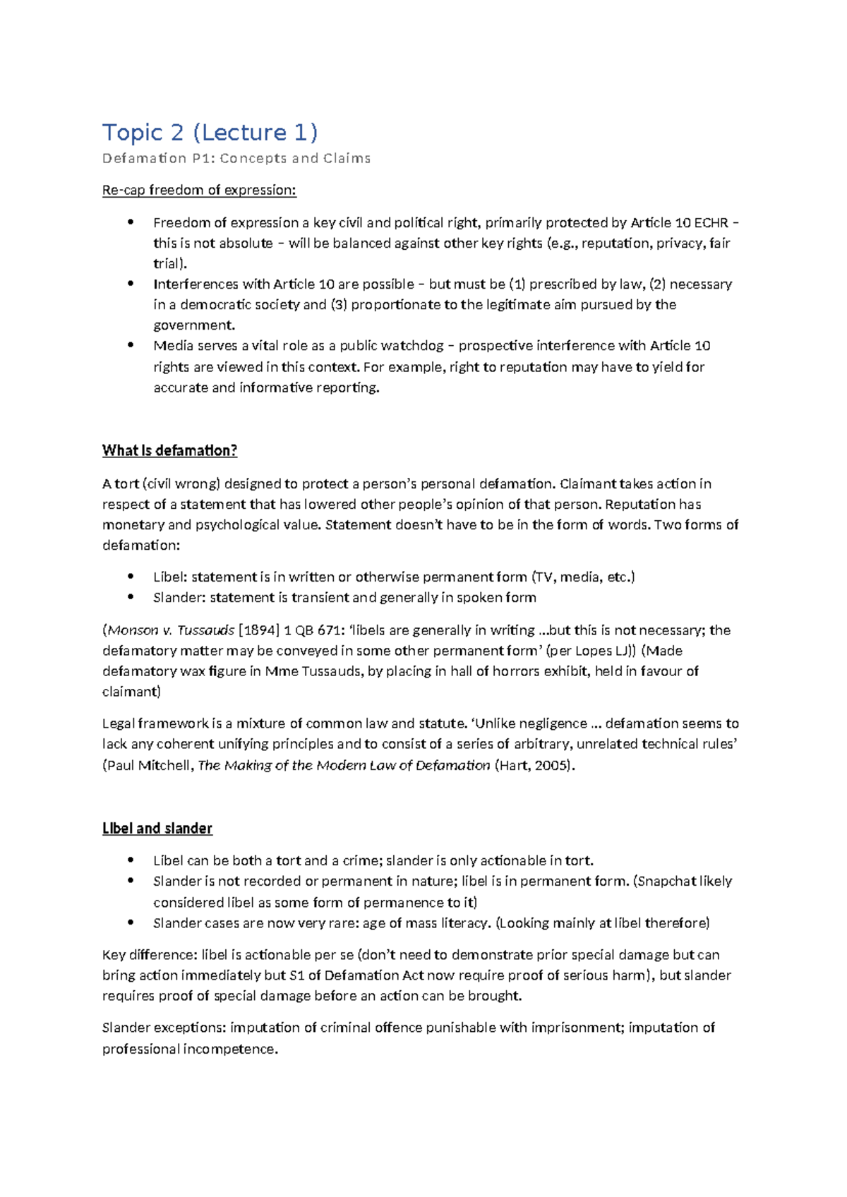 Defamation(Concepts&Claims) - Topic 2 (Lecture 1) Defamati on P1: Concepts and Claims Re-cap ...