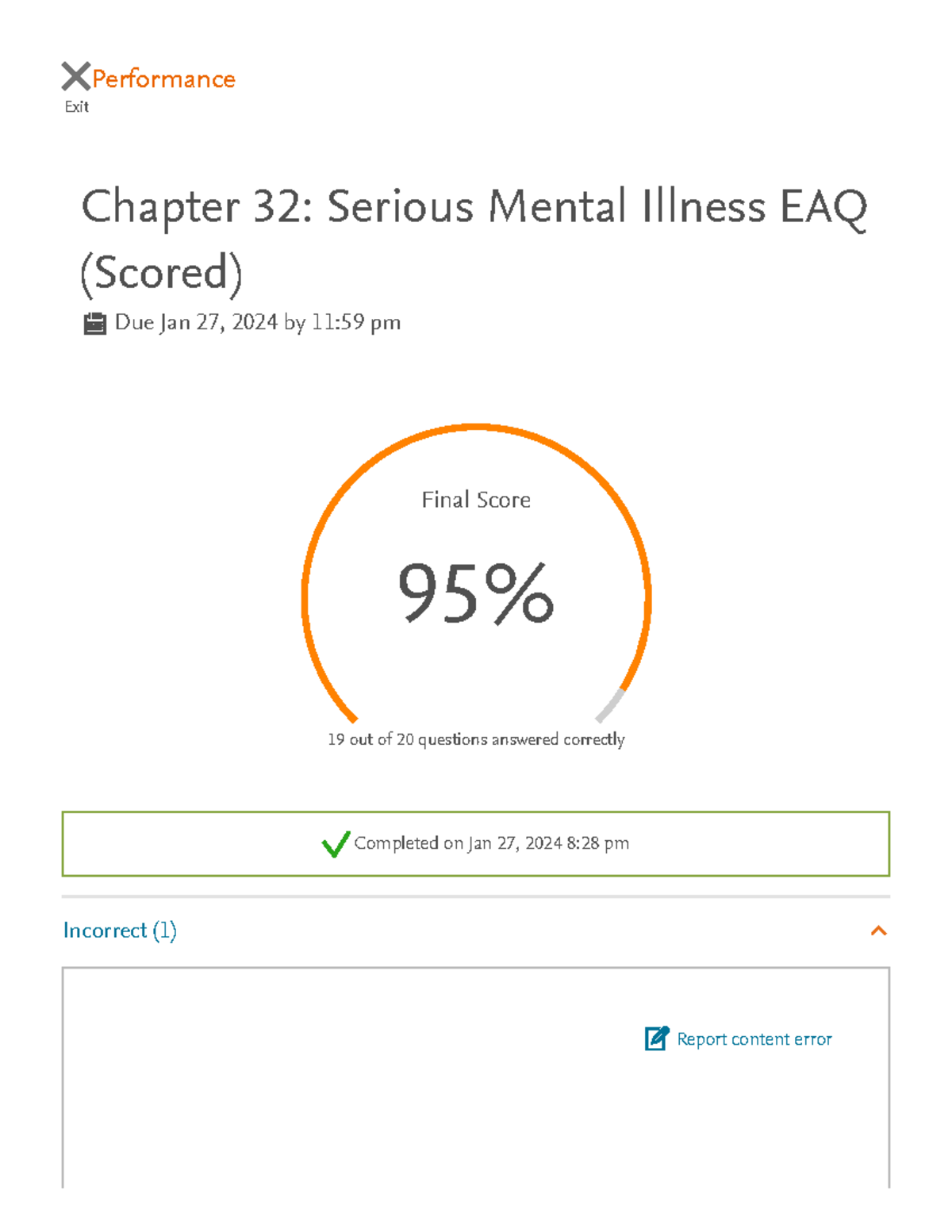 Ch 32 - EAQ Ch 32 - ####### Exit Performance Chapter 32: Serious Mental Illness EAQ (Scored) Due ...