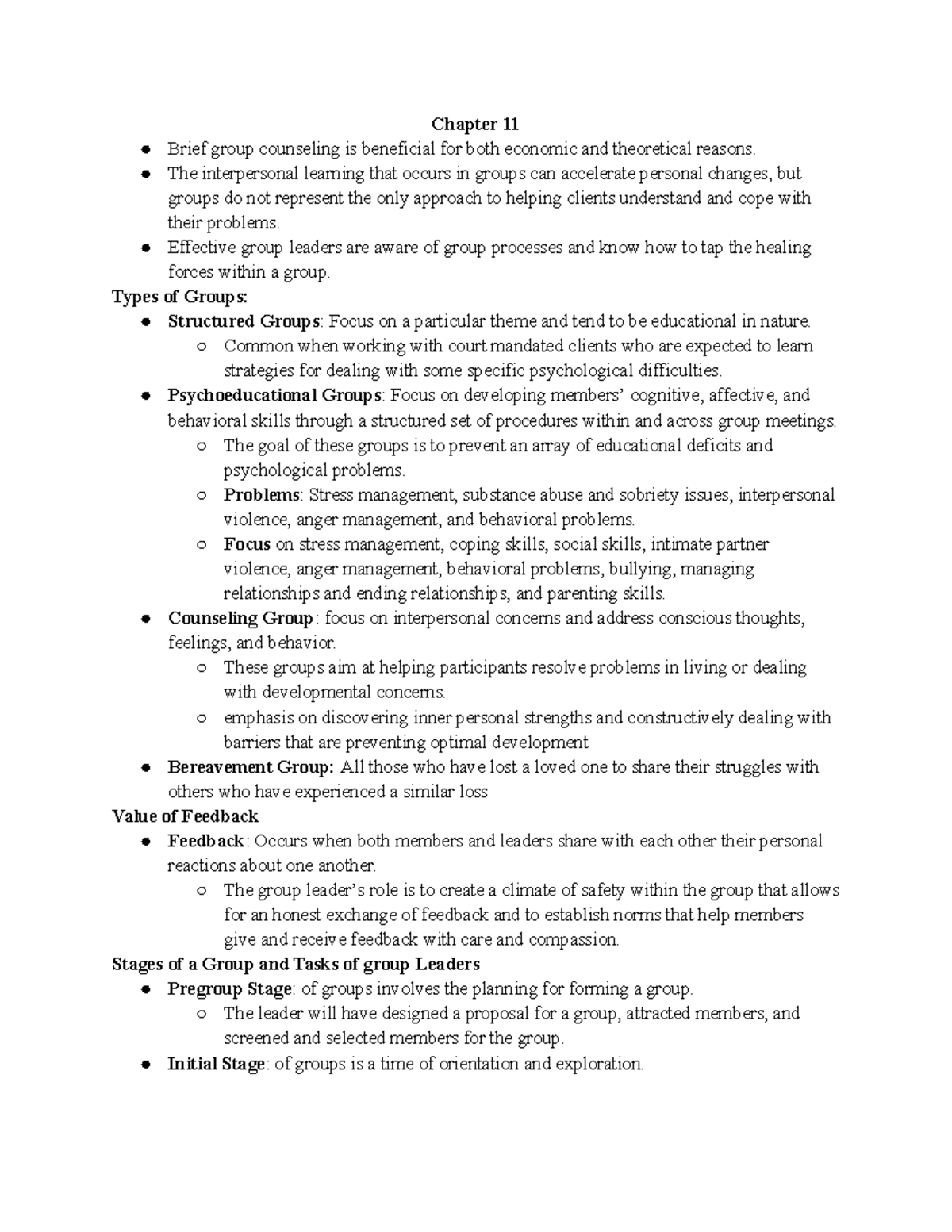 Notes ON Chapter 11 - Chapter 11 Brief group counseling is beneficial ...