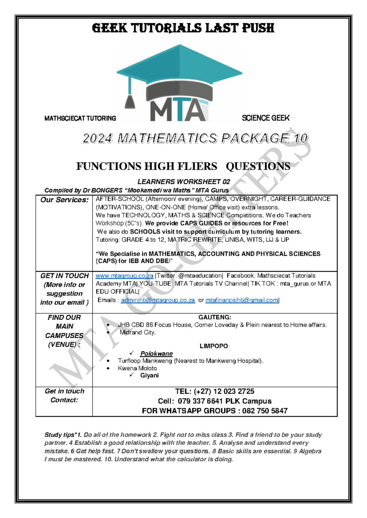 MTA Functions Last Push GR12 2024 Package 10 - GEEK TUTORIALS LAST PUSH MATHSCIECAT TUTORING ...