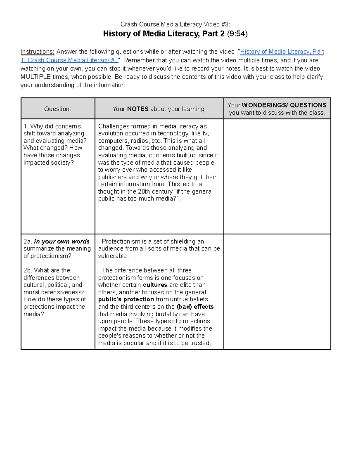 Viewing Questions for Video #3 - History of Media Lit, Part 2 - Crash ...