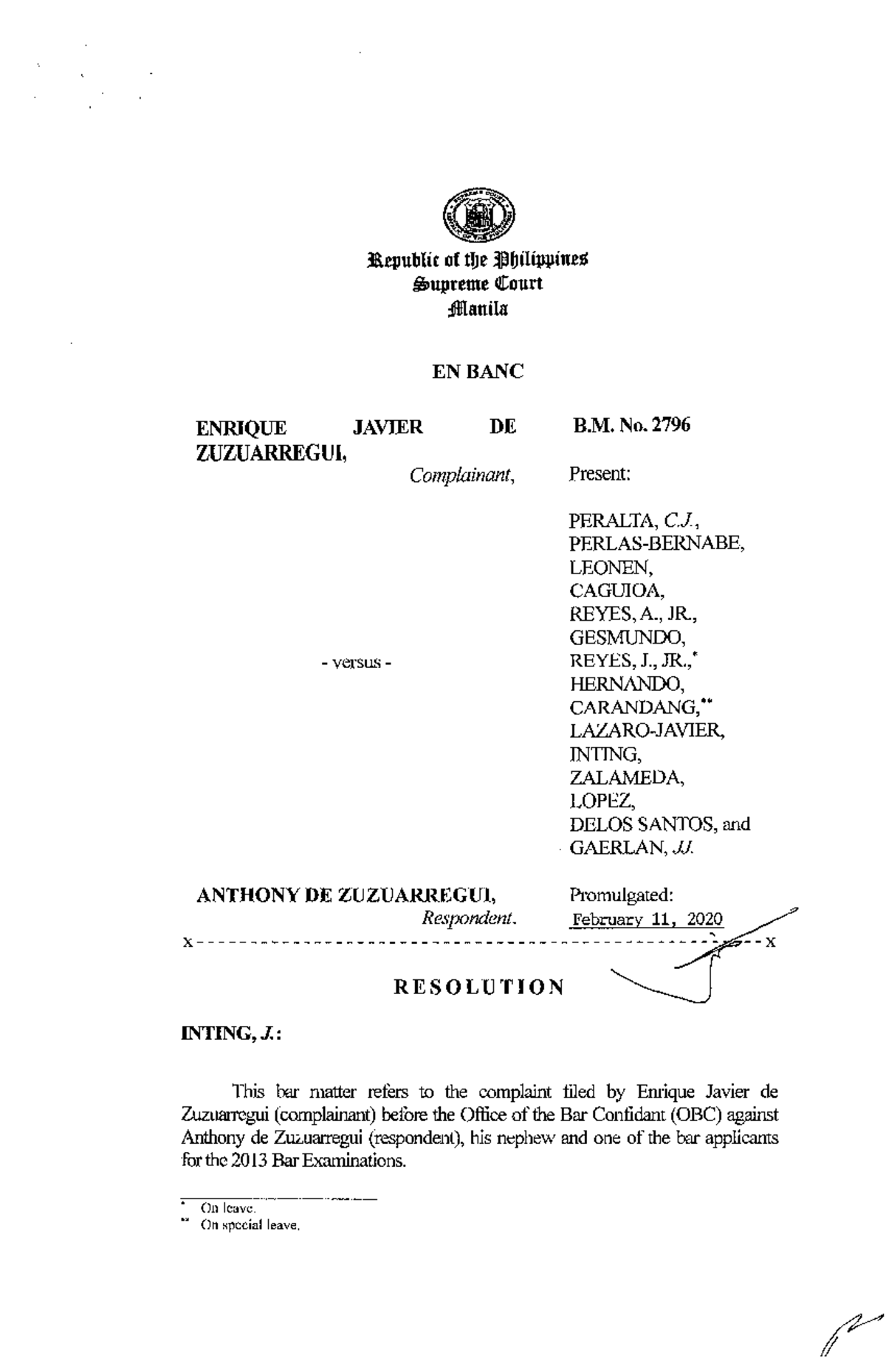 Enrique Javier De Zuzuarregui Vs. Anthony De Zuzurregui B.M. No. 2796 ...