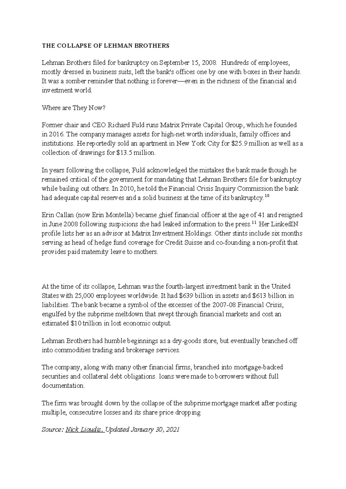 CASE Lehman Brothers - analyse business ethics - THE COLLAPSE OF LEHMAN BROTHERS Lehman Brothers ...