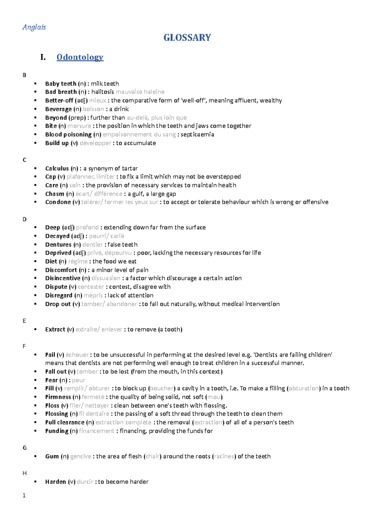 Glossary - juuuuu - Anglais GLOSSARY I. Odontology B Baby teeth (n ...