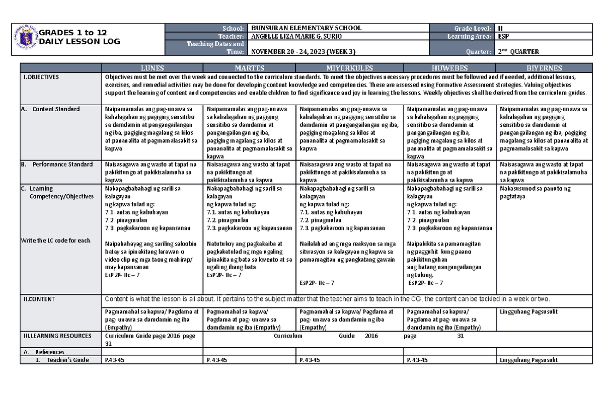 DLL ESP 2 Q2 W3 - fghjk - GRADES 1 to 12 DAILY LESSON LOG School ...
