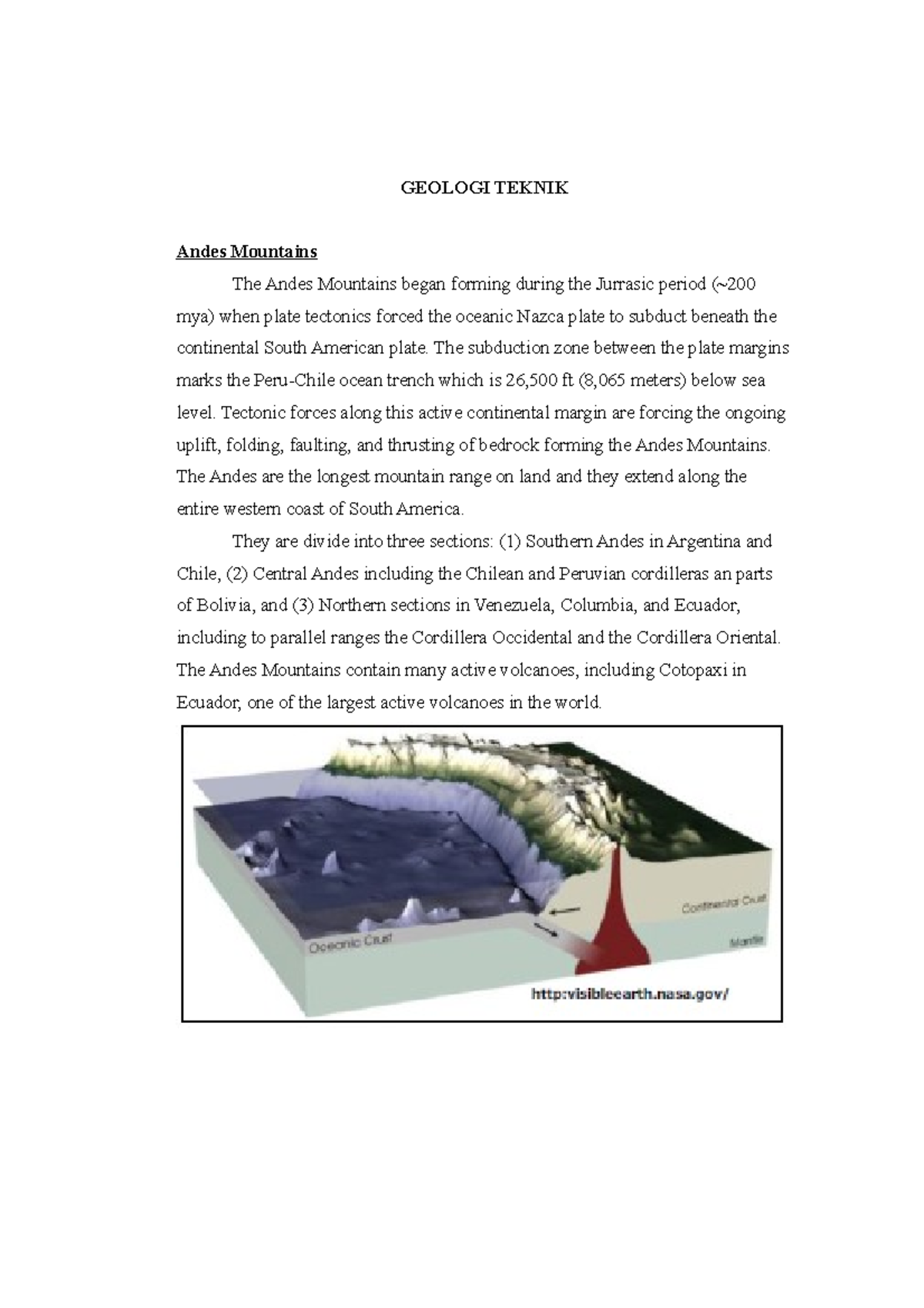 Andes Mountains - The subduction zone between the plate margins marks ...