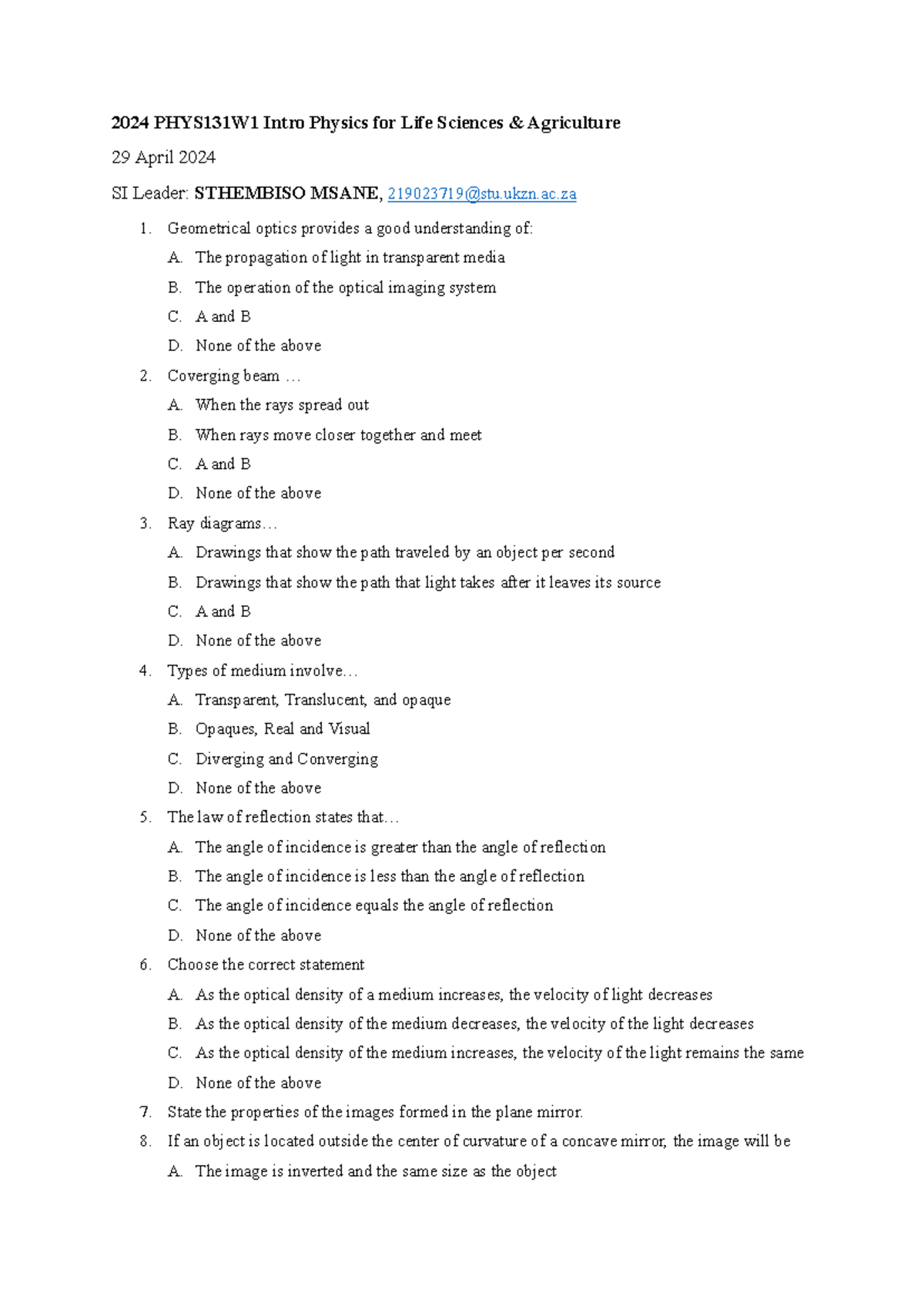 Geometrical optics and Fluids Worksheet - 2024 PHYS131W1 Intro Physics ...