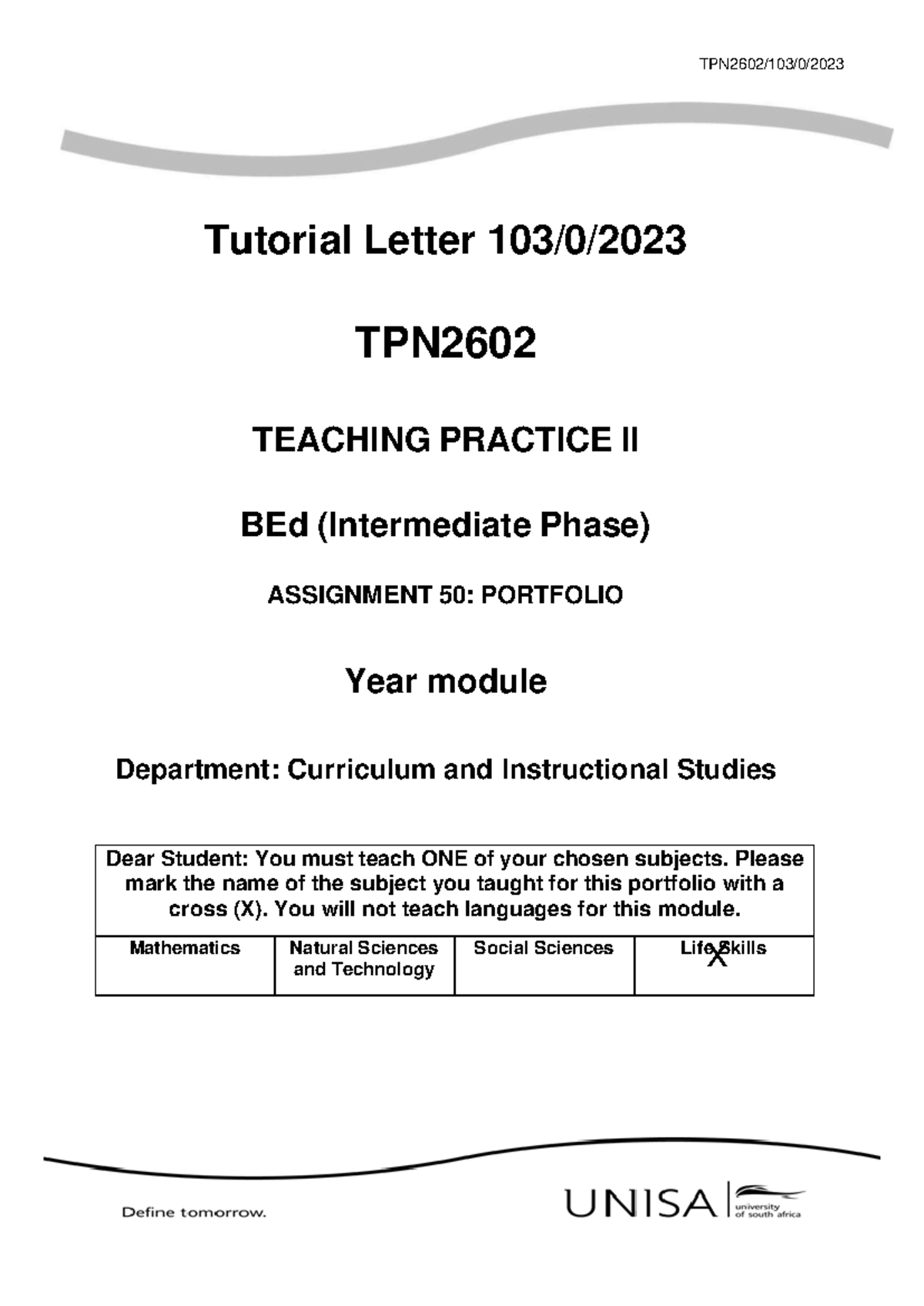 17602823.TPN Teaching PRAC - TPN2602/103/0/ Tutorial Letter 103/0/ TPN ...