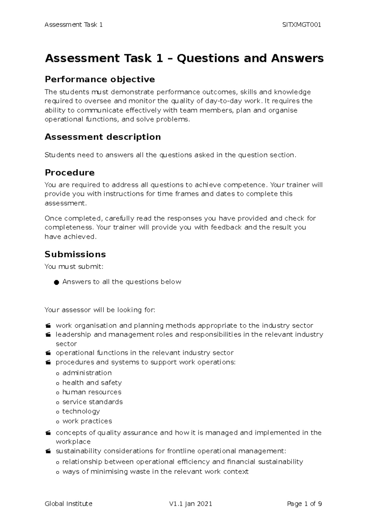 Sitxmgt 001 Assessment task 1 global V1.1 Jan 21 sample - Assessment ...