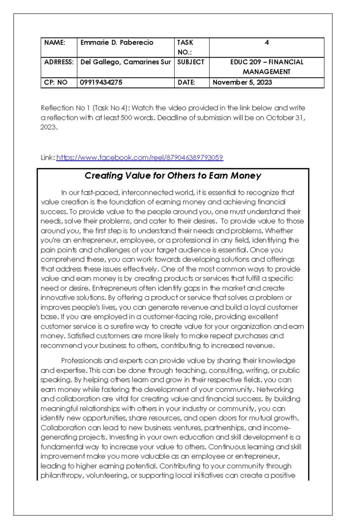 TASK-NO.-4-EDUC-209 Paberecio E - Reflection No 1 (Task No 4): Watch the video provided in the ...