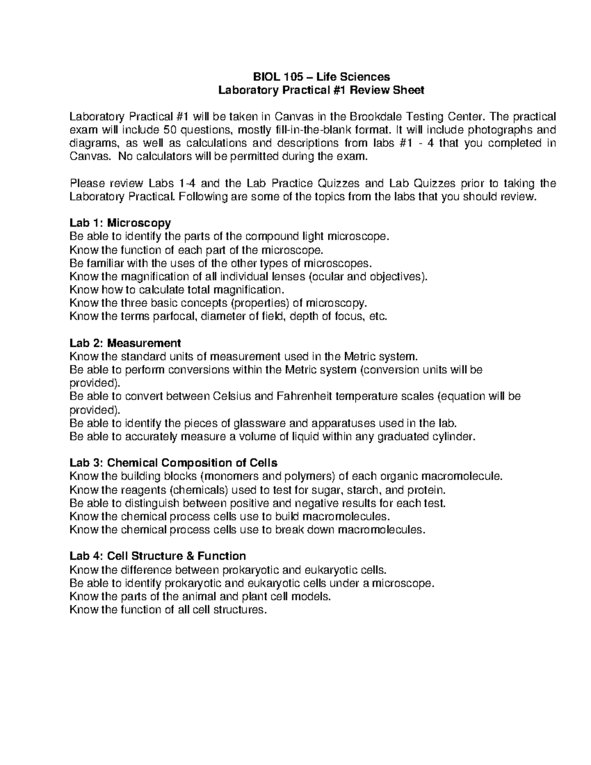 Laboratory Practical #1 Review Sheet - BIOL 105 – Life Sciences ...