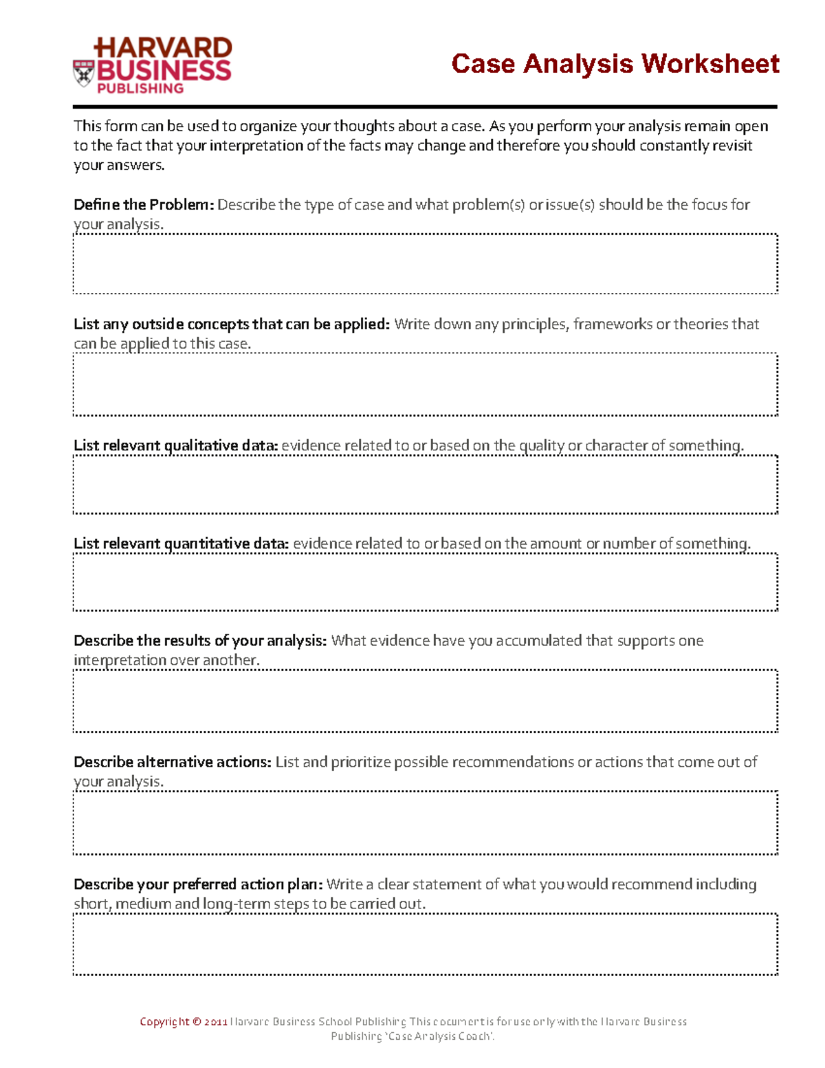 HBR Case Analysis Worksheet Template - Copyright © 2011 Harvard ...