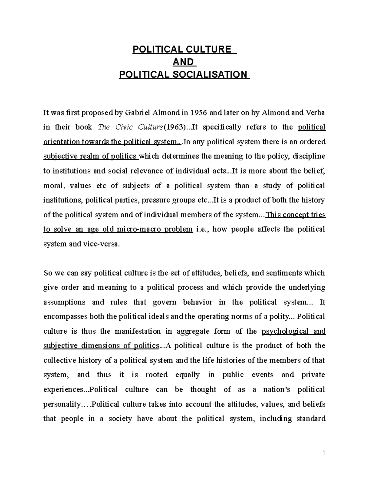 Political culture - POLITICAL CULTURE AND POLITICAL SOCIALISATION It ...