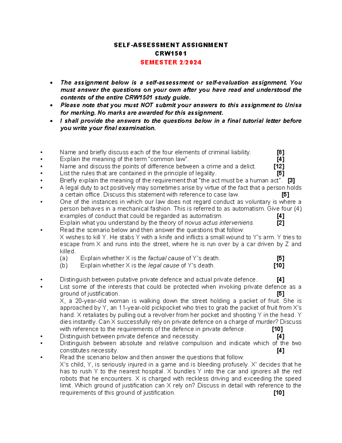 Self Assessment Assignment Sem 2 2024 CRW1501 - SELF-ASSESSMENT ...