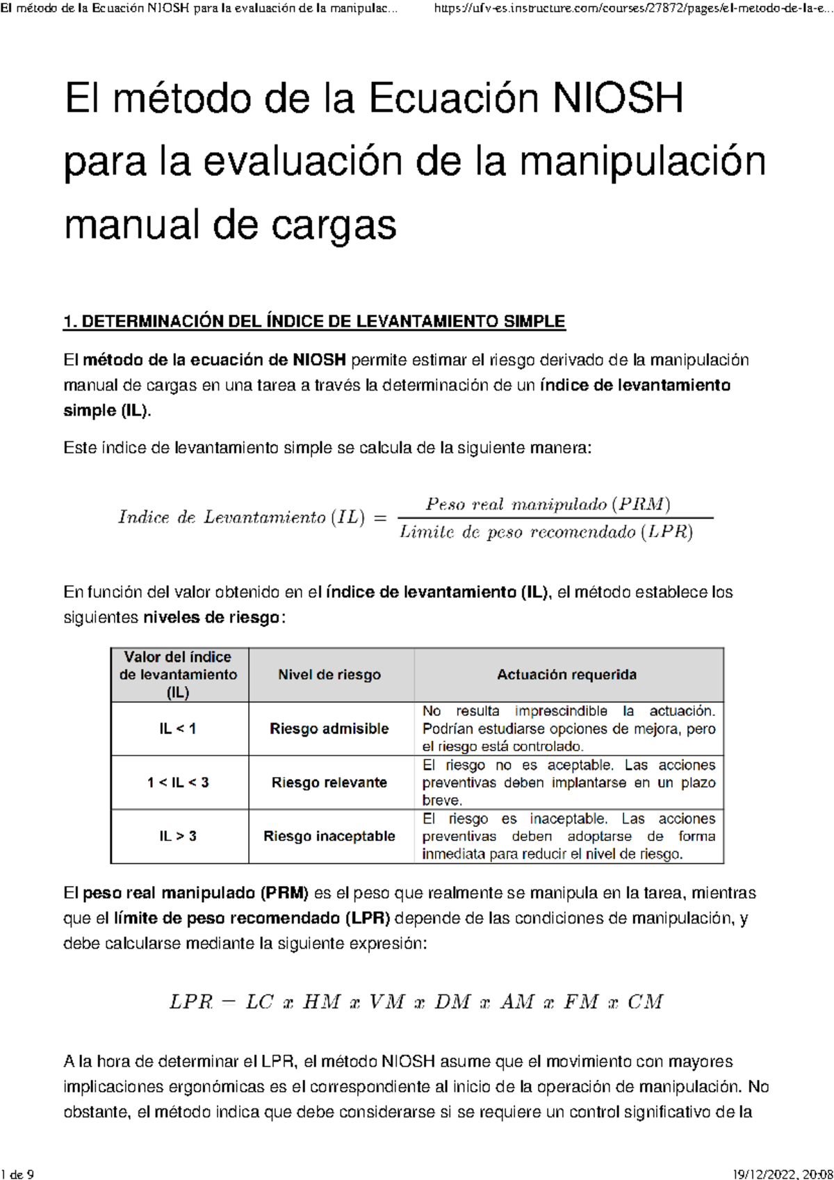 El metodo Niosh - Practica - El método de la Ecuación NIOSH para la evaluación de la ...