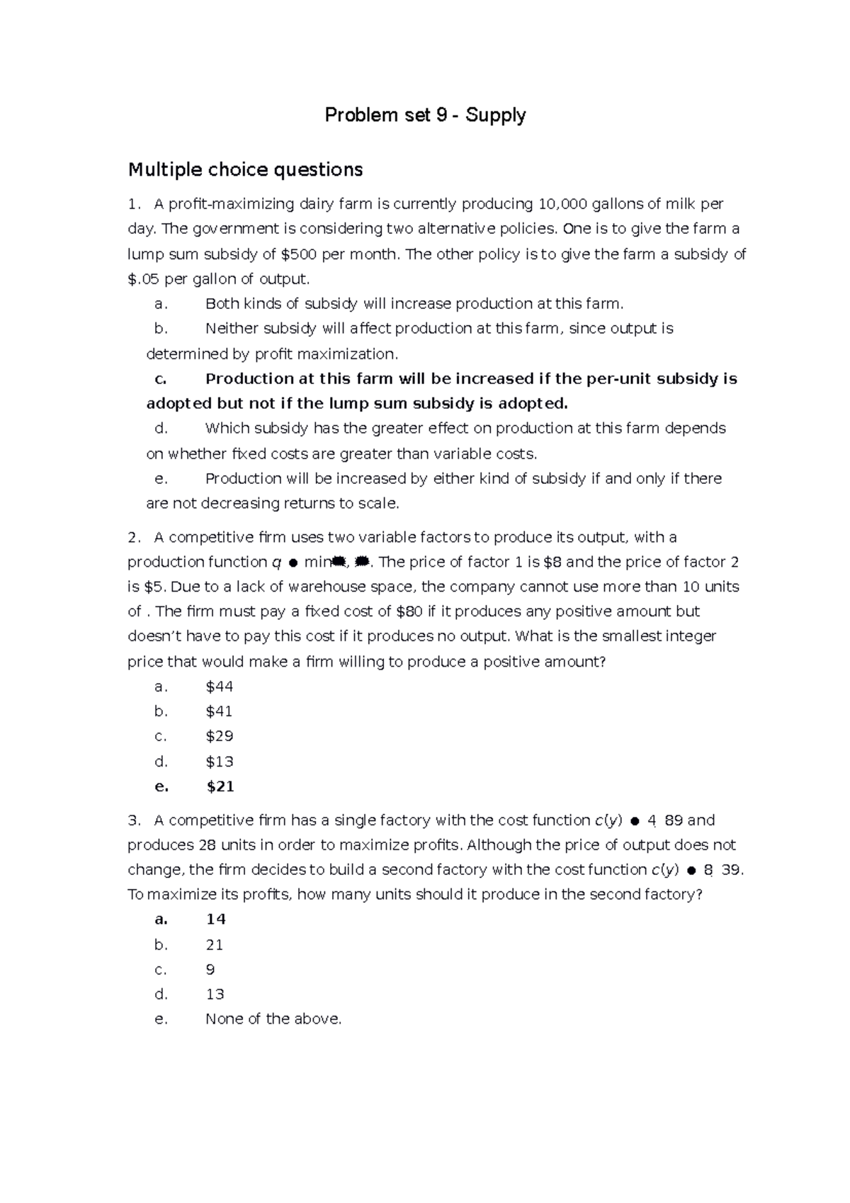 Problem set Supply +solutions - Problem set 9 - Supply Multiple choice ...