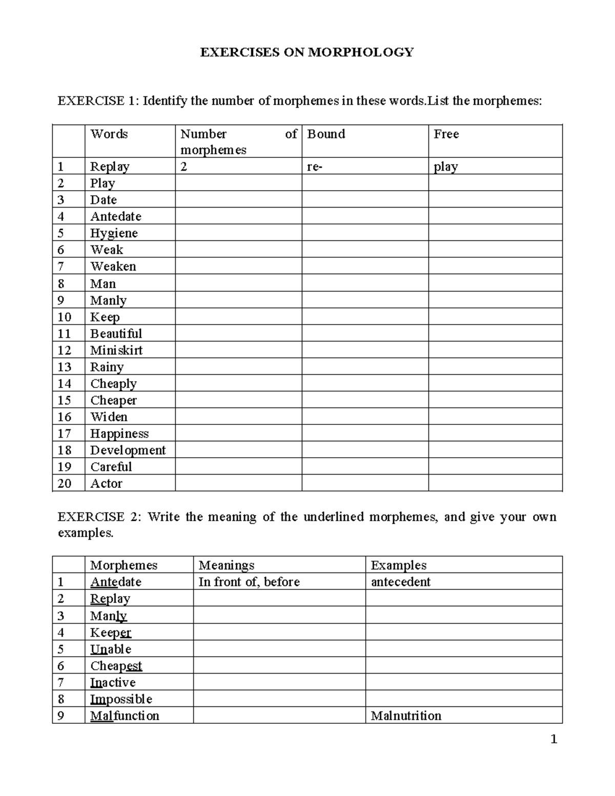 Orca share media 1506424610343 - EXERCISES ON MORPHOLOGY EXERCISE 1: Identify the number of ...