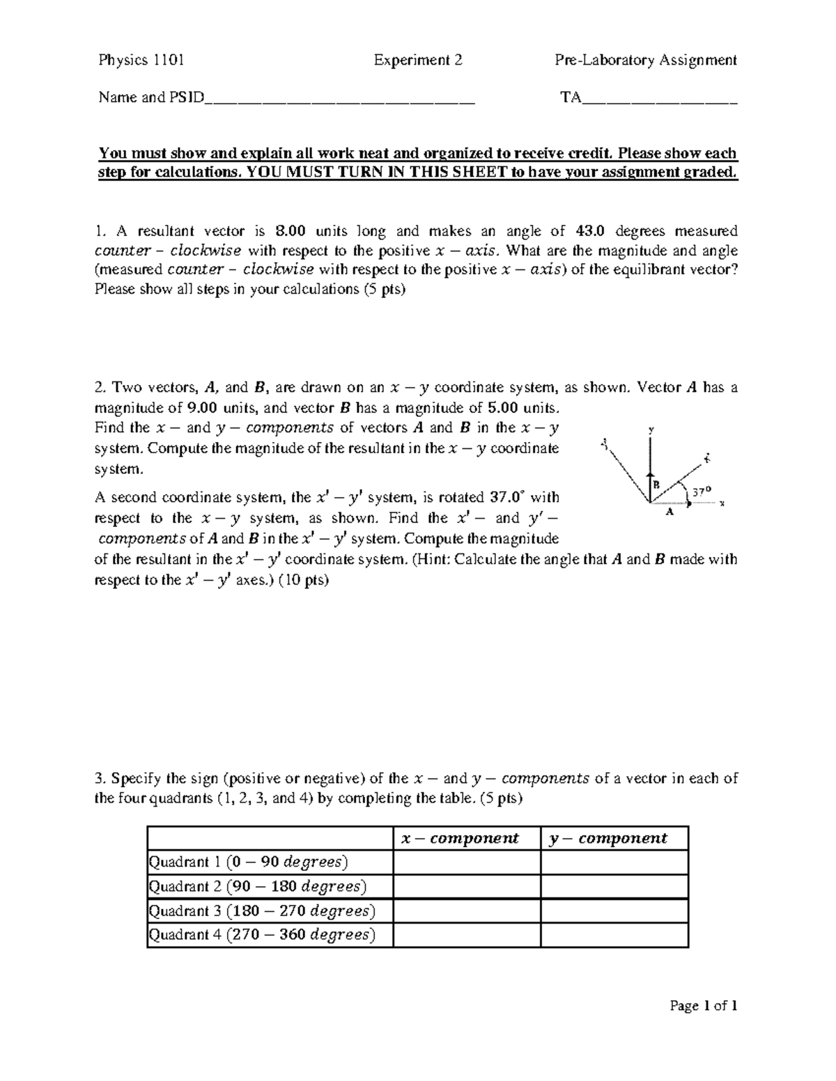 1101 Exp2 Pre Laboratory Assignment - Physics 1101 Experiment 2 Pre-Laboratory Assignment Name ...