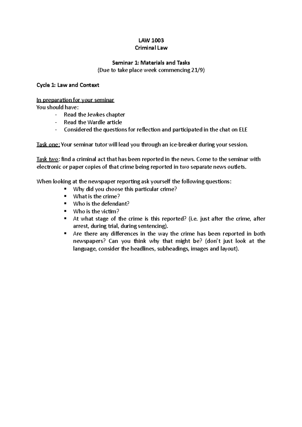 LAW 1003 Seminar 1 Tasks - LAW 1003 Criminal Law Seminar 1: Materials ...