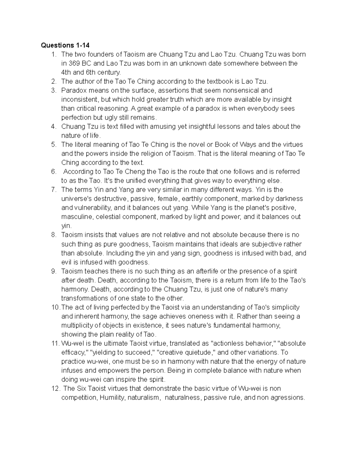 Chapter 8 Taoism pages 145-160 Review Questions p. 160 - Questions 1- 1 ...