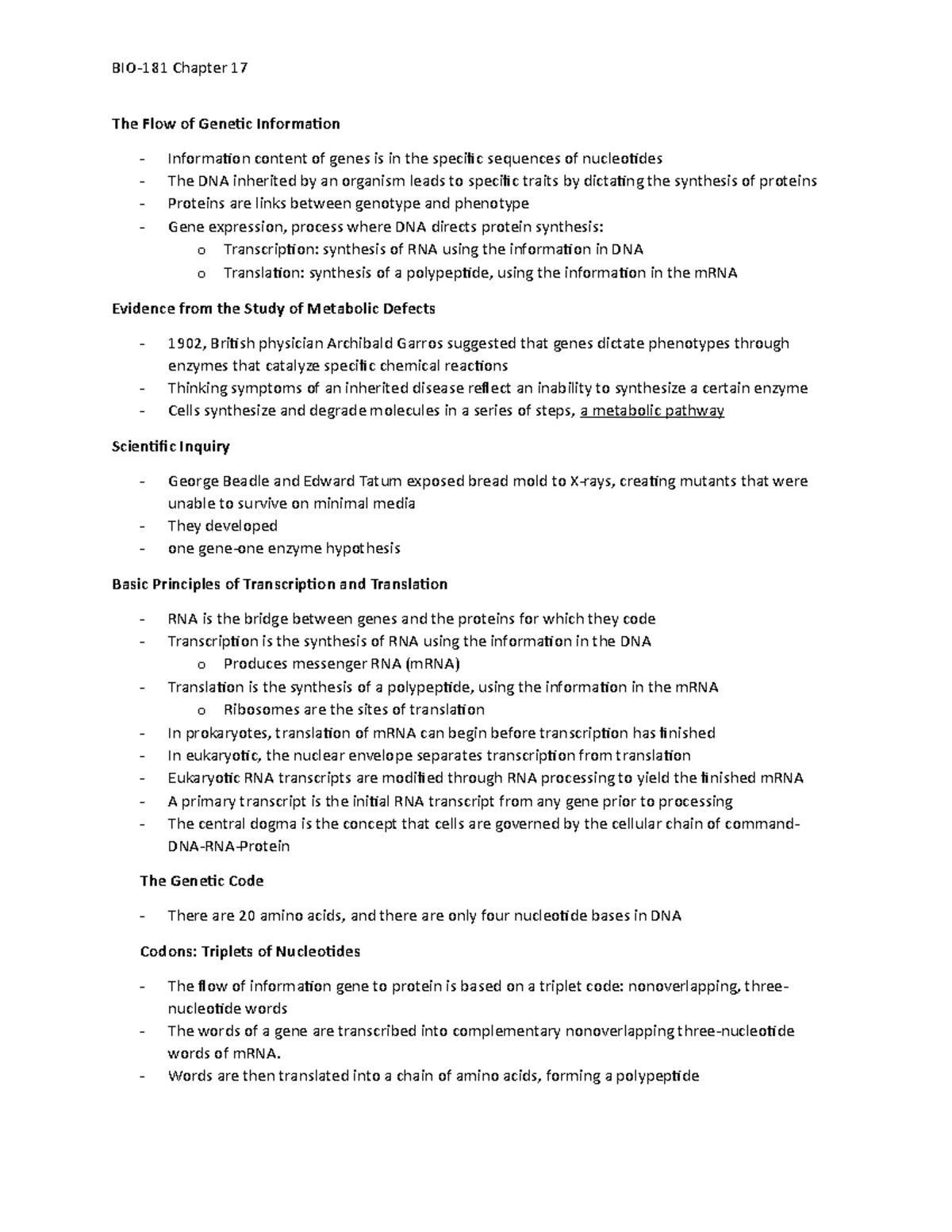 BIO 181 CHAP 17 - BIO-181 Chapter 17 notes - BIO-181 Chapter 17 The ...