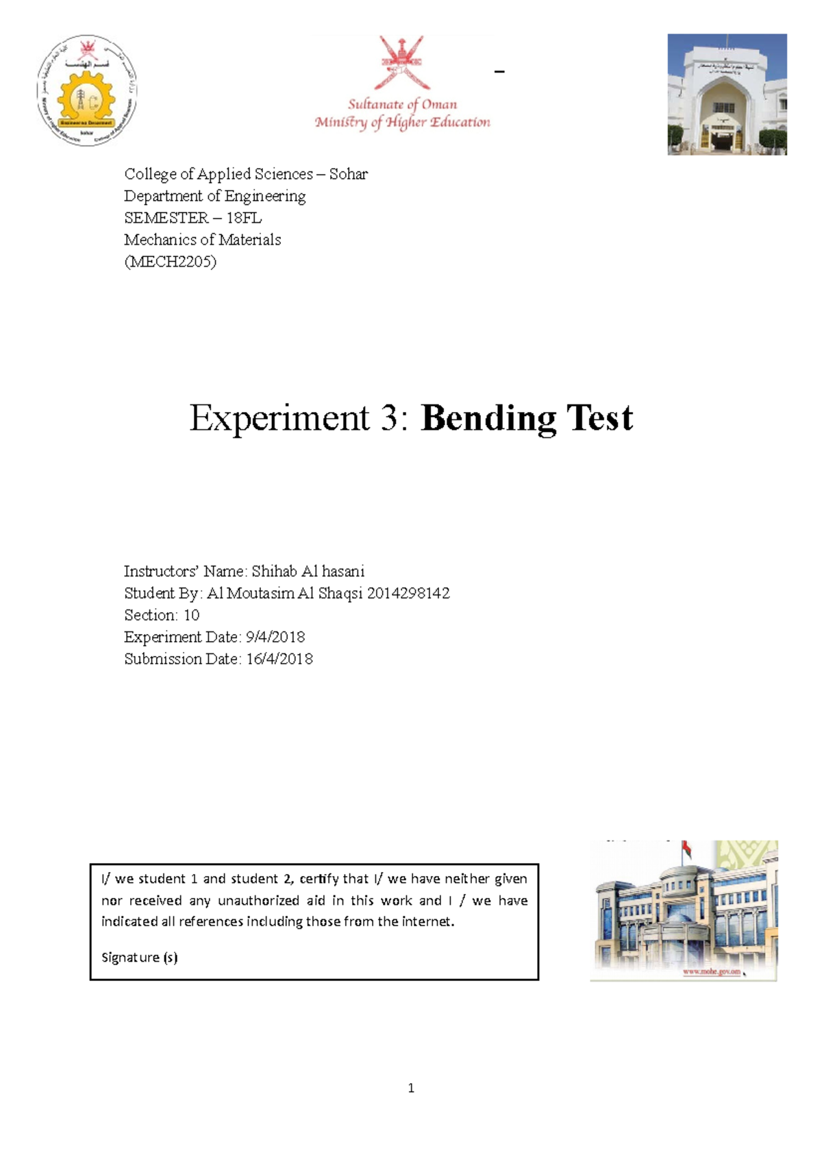 Ex3 MM - expermint for matiral - College of Applied Sciences – Sohar ...