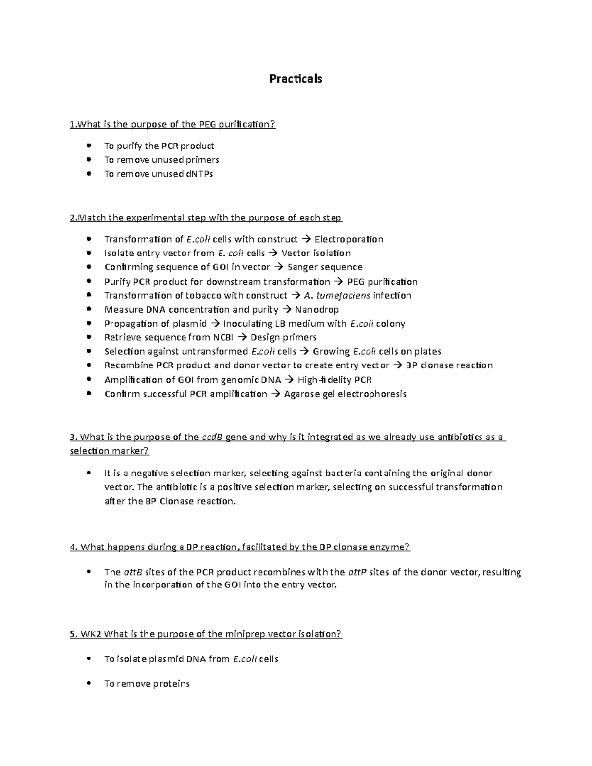 Practicals, week 1 and 2 answers to the self-test - Plant Biotechnology ...