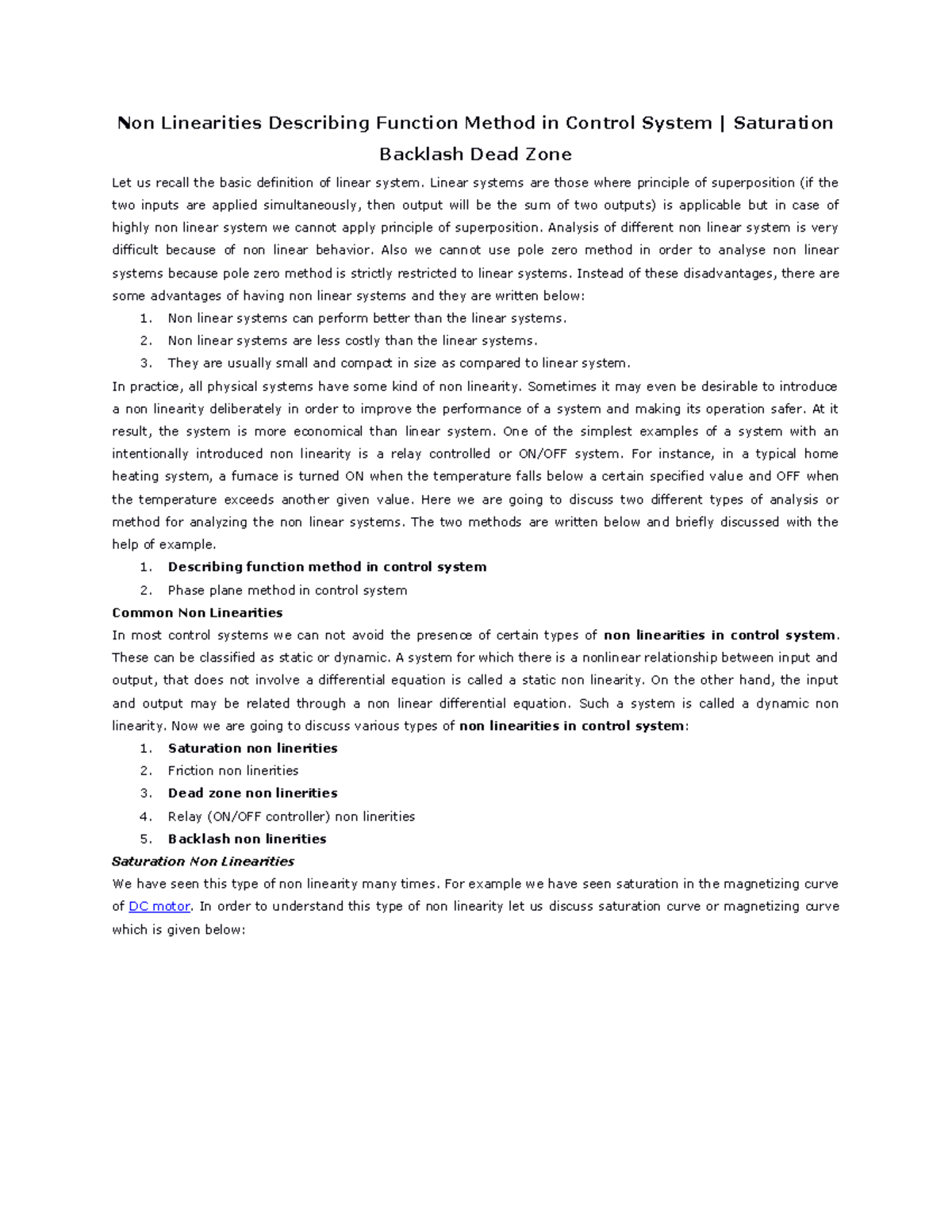 Describing Function Of Common Nonlinearities Non Linearities